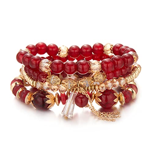 sophiii Natural Carnelian Bead Crystal Bracelet Multilayer Gemstone Bracelet Set For Women 4 Pieces Red E