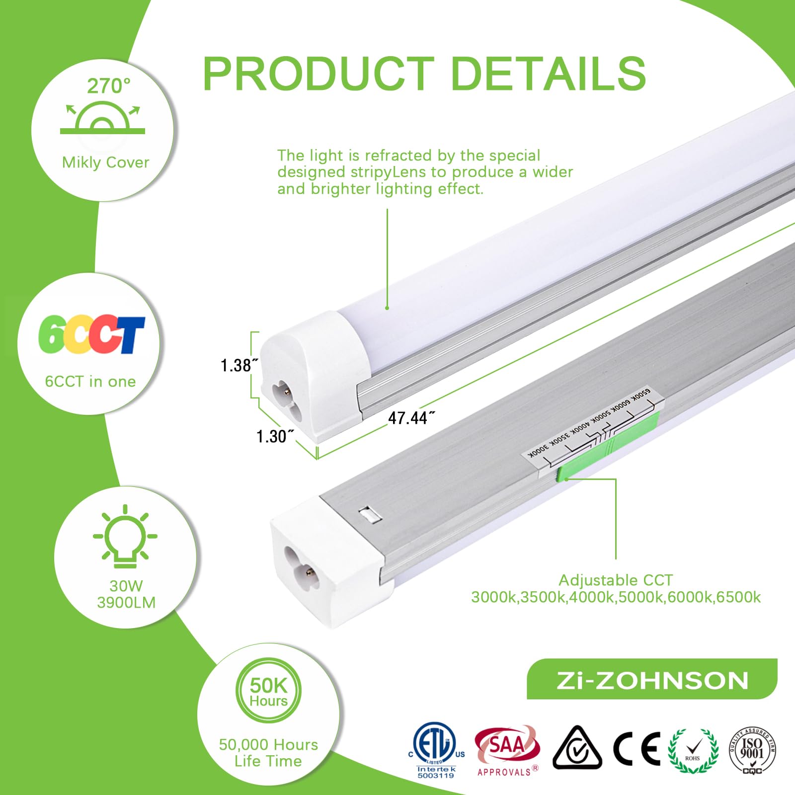 Zi-ZOHNSON 6 Pack 6CCT Tunable 4FT led Shop Lights for Workshop, 30W T8 Tube Light with 6CCT, 3000K/3500K/4000K/5000K/6000K/6500K Selectable, 130LM/W Milky Cover Linkable Shop Lights for Workshop