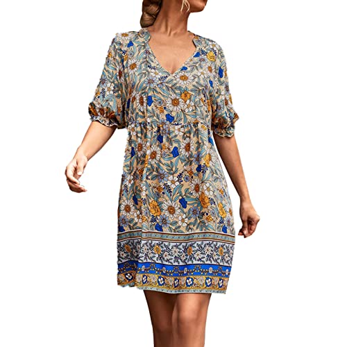 Tenworld Light Blue Skirt Pencil Women's Boho Summer Floral Print Short Sleeve V Neck Smocked Flowy Ruffle A Line Mini Dress