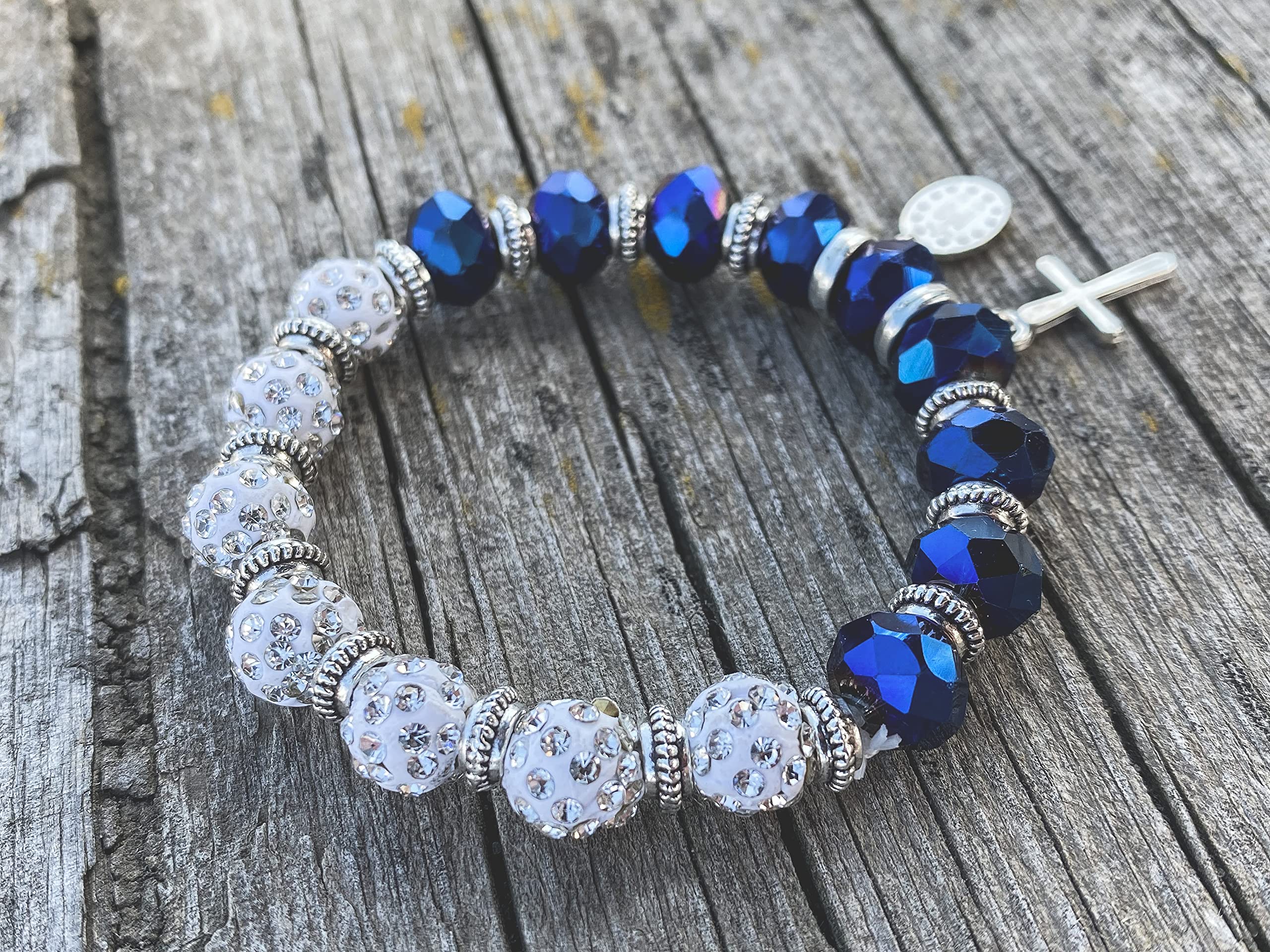 Nazareth Store Women's Beaded Stretch Rosary Bracelet Deep Blue Crystal Beads Bangle Crucifix & Miraculous Medal