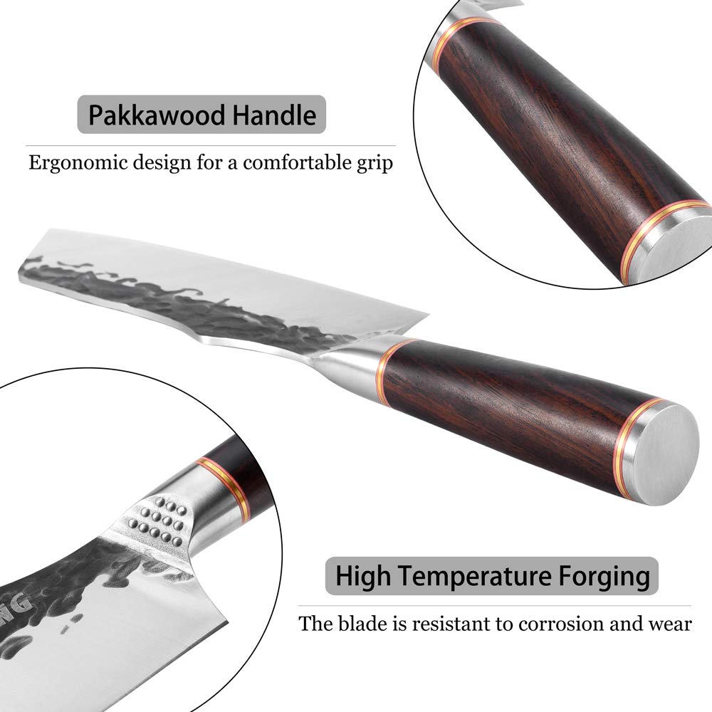 SMTENG Nakiri Knife 7 Inch Professional Chef Knife 3 layer 9CR18MOV clad steel hammered with Ergonomic Pakkwood handle kitchen knife for cooking
