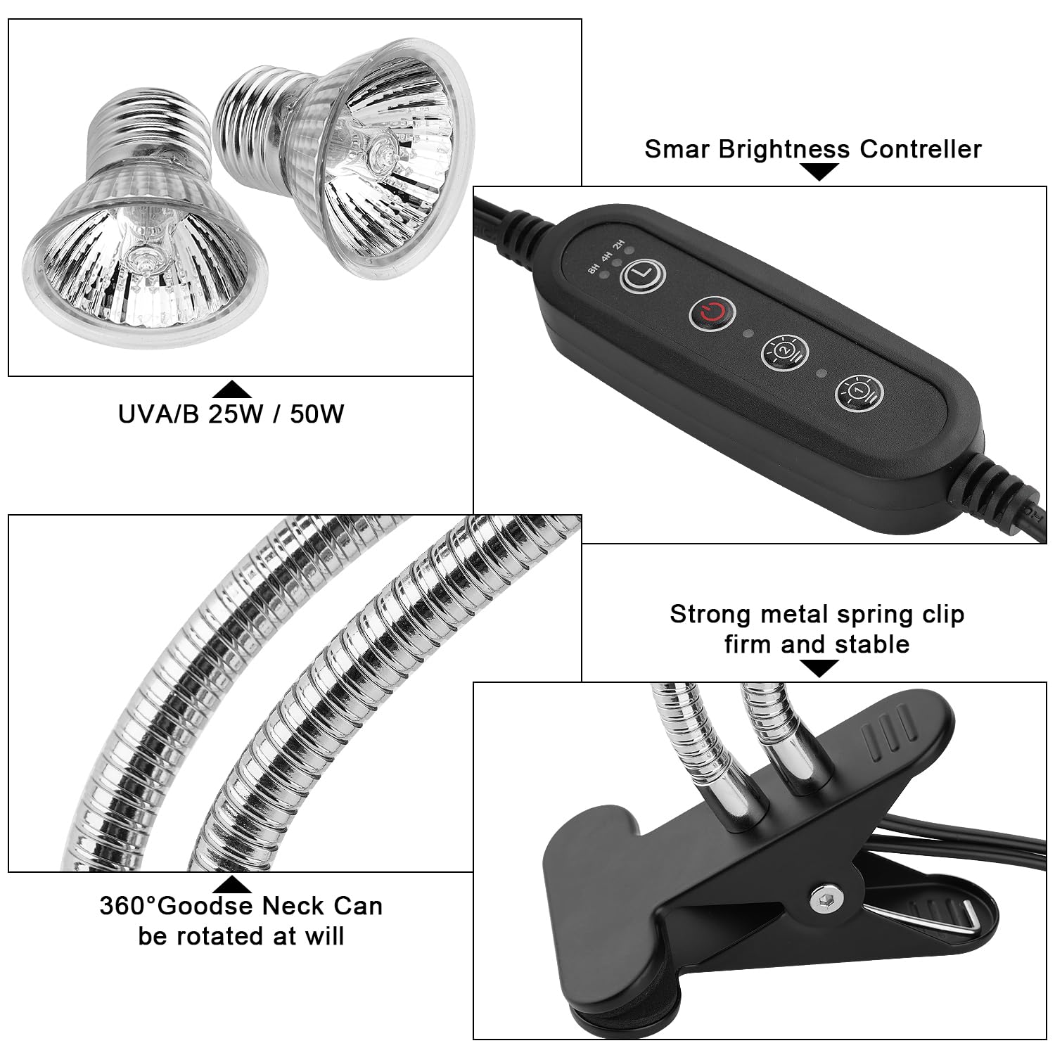 NBIIUYIGE Reptile Heat Lamp, Dual-Head UVA UVB Reptile Light, Heating Lamp with Cycle Timer, Heat Lamp for Reptiles Bearded Dragon Turtle Crab Snake Lizard, Separate Control, 3 Basking Bulbs Light