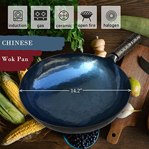 shuoguoleilei Chinese Hand Hammered Iron Woks Set, Non-stick No Coating Preseasoned Wok Blue Round Bottom Wok Pan For Electric, Induction and Gas Stoves (Blue Black-14)