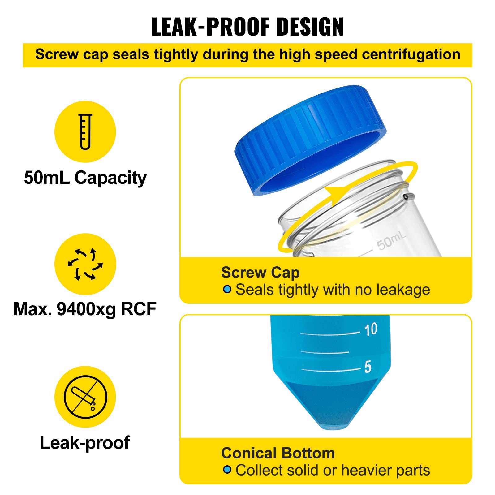 VEVOR Conical Centrifuge Tubes, 50mL, 500Pcs PP EO Sterilized Graduated Container w/Leak-Proof Screw Cap, Write Mark & Test Tube Rack, DN/RNase Free, for Sample Storage & Separate, Blue & Orange