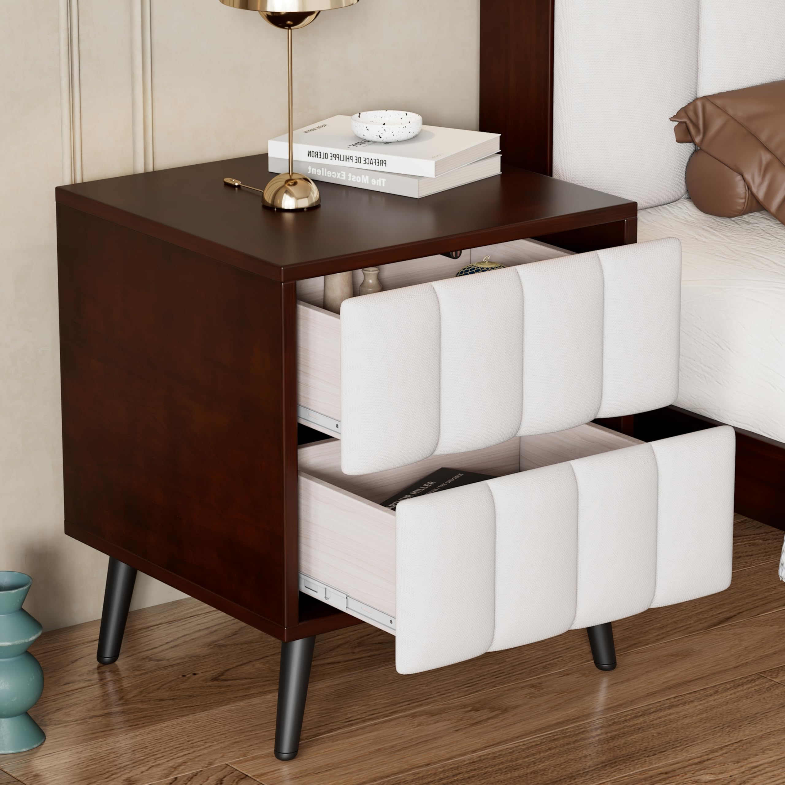 Modern Nightstand with 2 Drawers,Wood+Linen Bedside Table with Classic Design,Side Table for Bedroom,Living Room(Walnut+Beige)