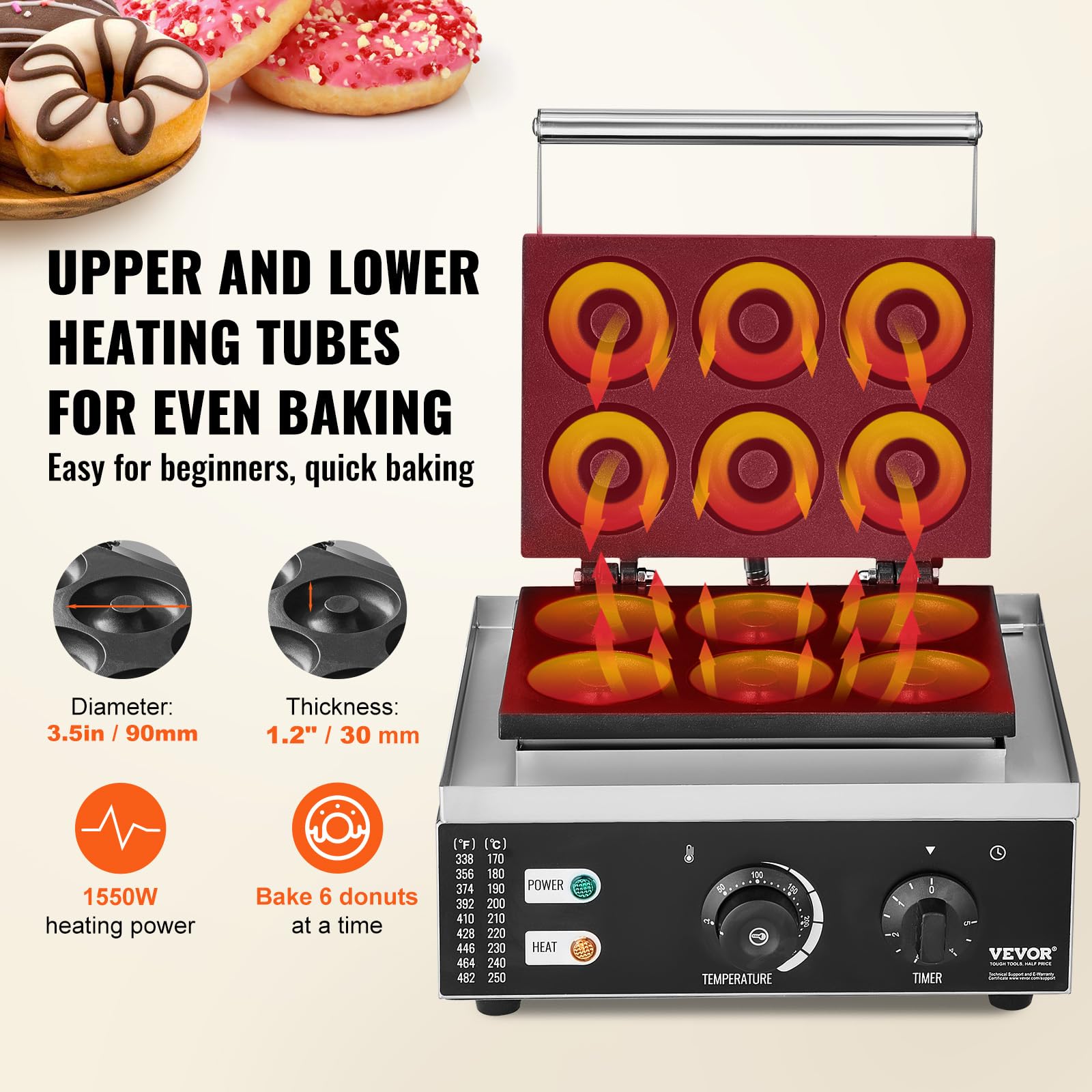 VEVOR Electric Donut Maker, 1550W Commercial Doughnut Machine with Non-stick Surface, 6 Holes Double-Sided Heating Waffle Machine Makes 6 Doughnuts, Temperature 122-572β, for Restaurant and Home Use