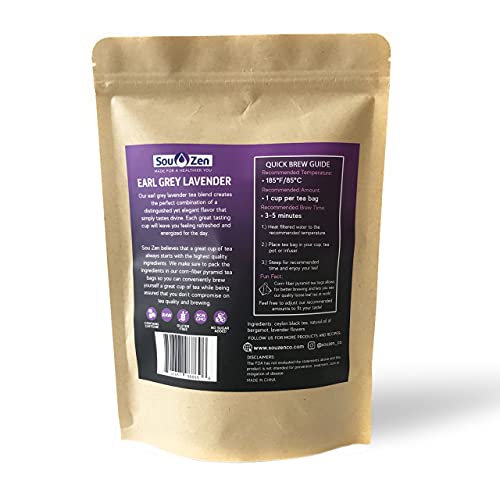Sou Zen Earl Grey Lavender Tea 30 Corn-fiber Pyramid Tea Bags | Premium Quality Tea Leaves and Flowers | Raw and Naturally Organic Ingredients | Energizing and Revitalizing Tea with No Additives
