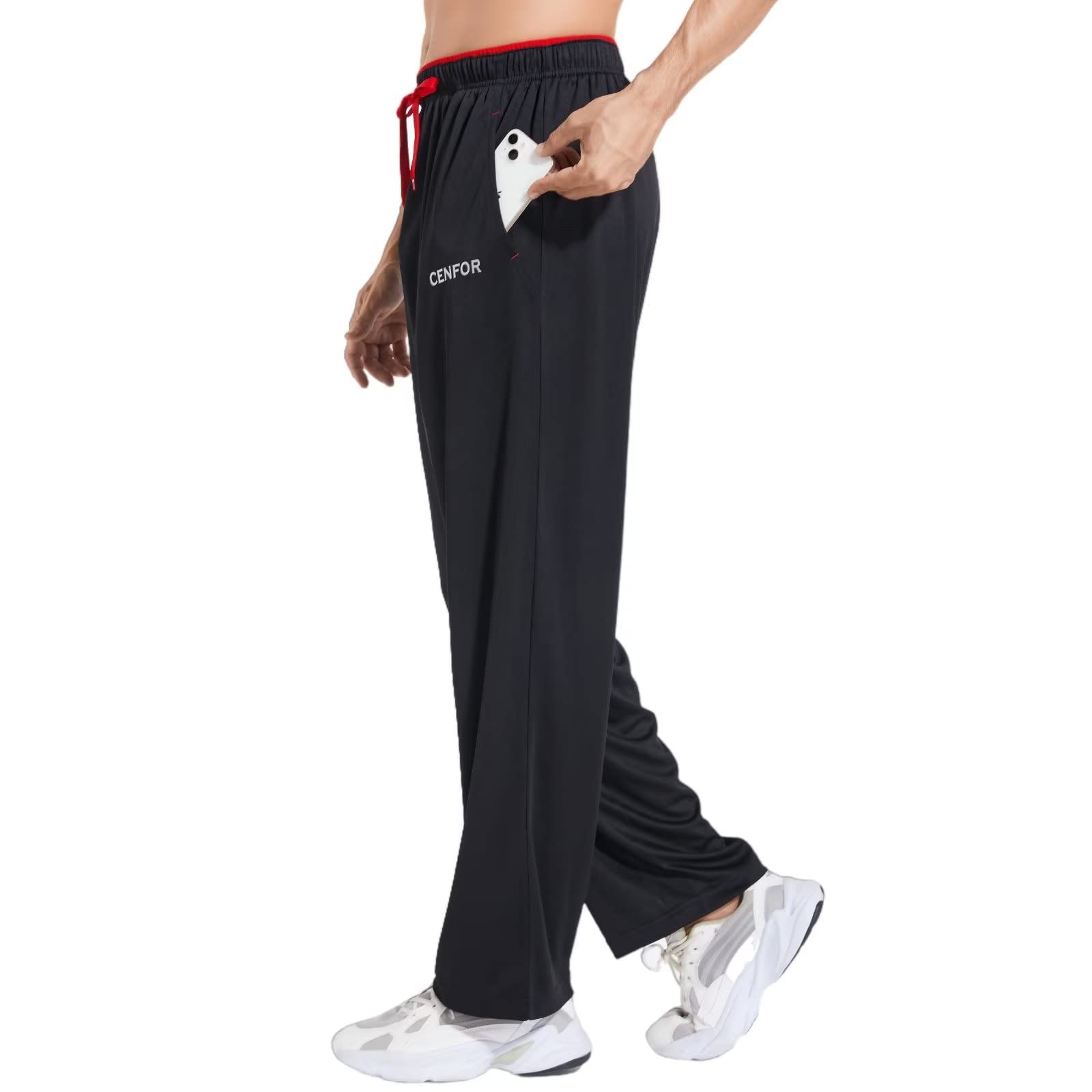 SPEEDME Mens Lightweight Sweatpants Loose Fit Open Bottom Mesh Athletic Pants with Pockets for Workout,Running,Training,Jogging,Gym Black Red XL