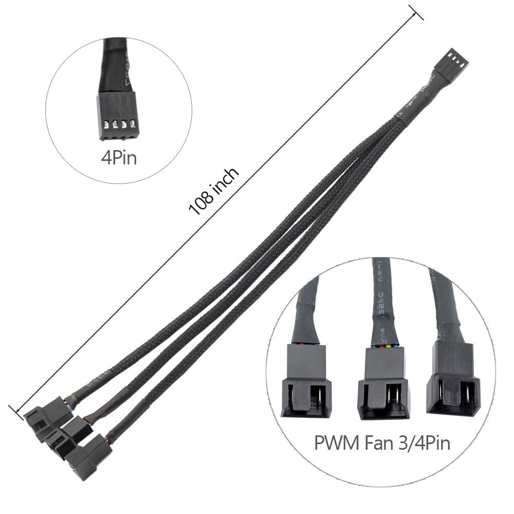 Nscy 2PCS 4 Pin PWM Fan Extension Cable and 4-Pin IDE to 3X 4-Pin Fan Connector, Sleeved Braided Y Splitter, for Computer PC 4 Pin Fan Extension Power Cable, Cooling Fans Cable