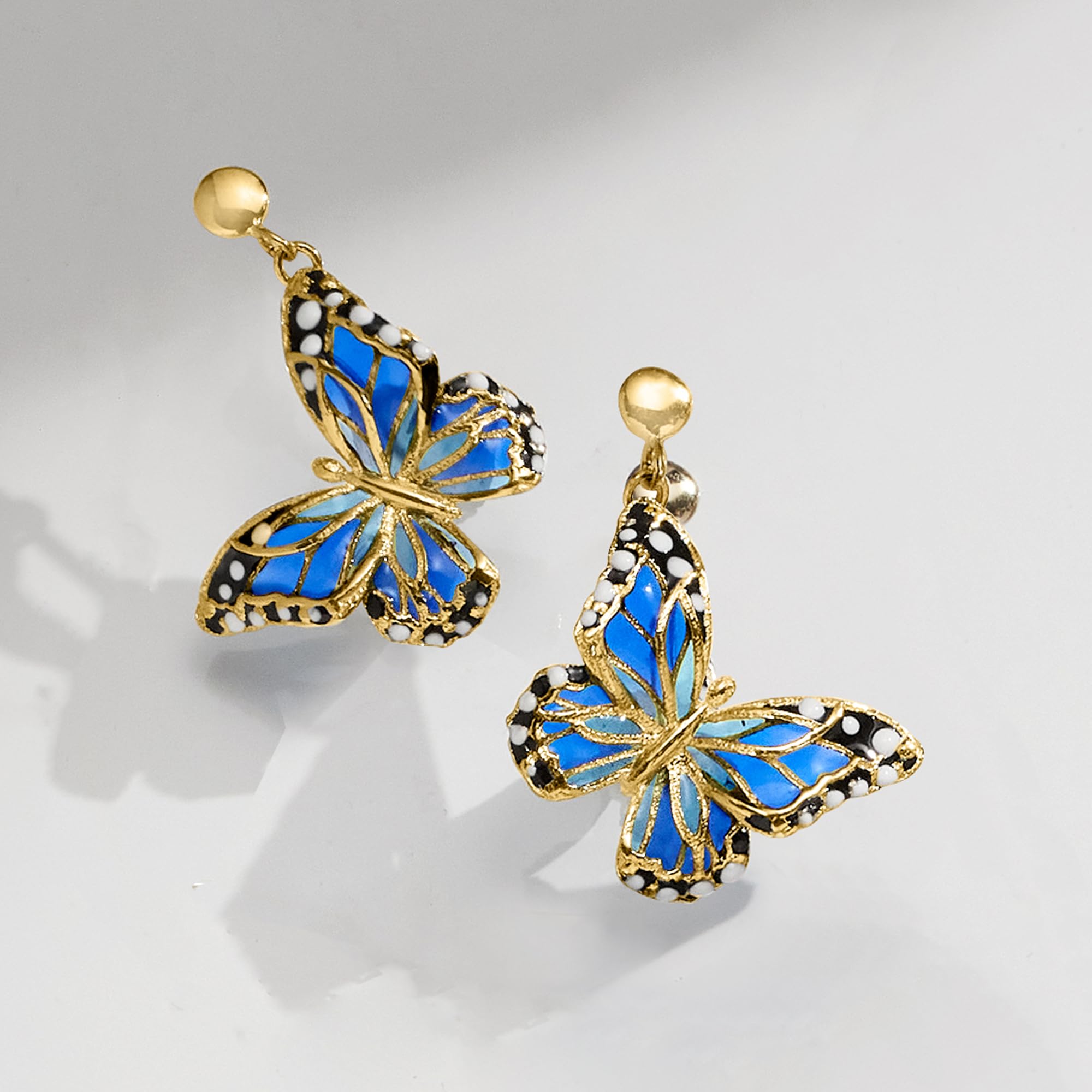 Ross-Simons Italian Multicolored Enamel Butterfly Drop Earrings in 14kt Yellow Gold