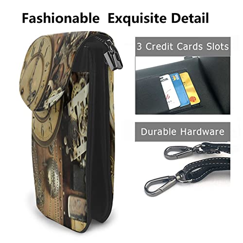 Vintage Steampunk Ancient Gears Women Cell Phone Purse Leather Shoulder Crossbody Bag Wallet Pouch