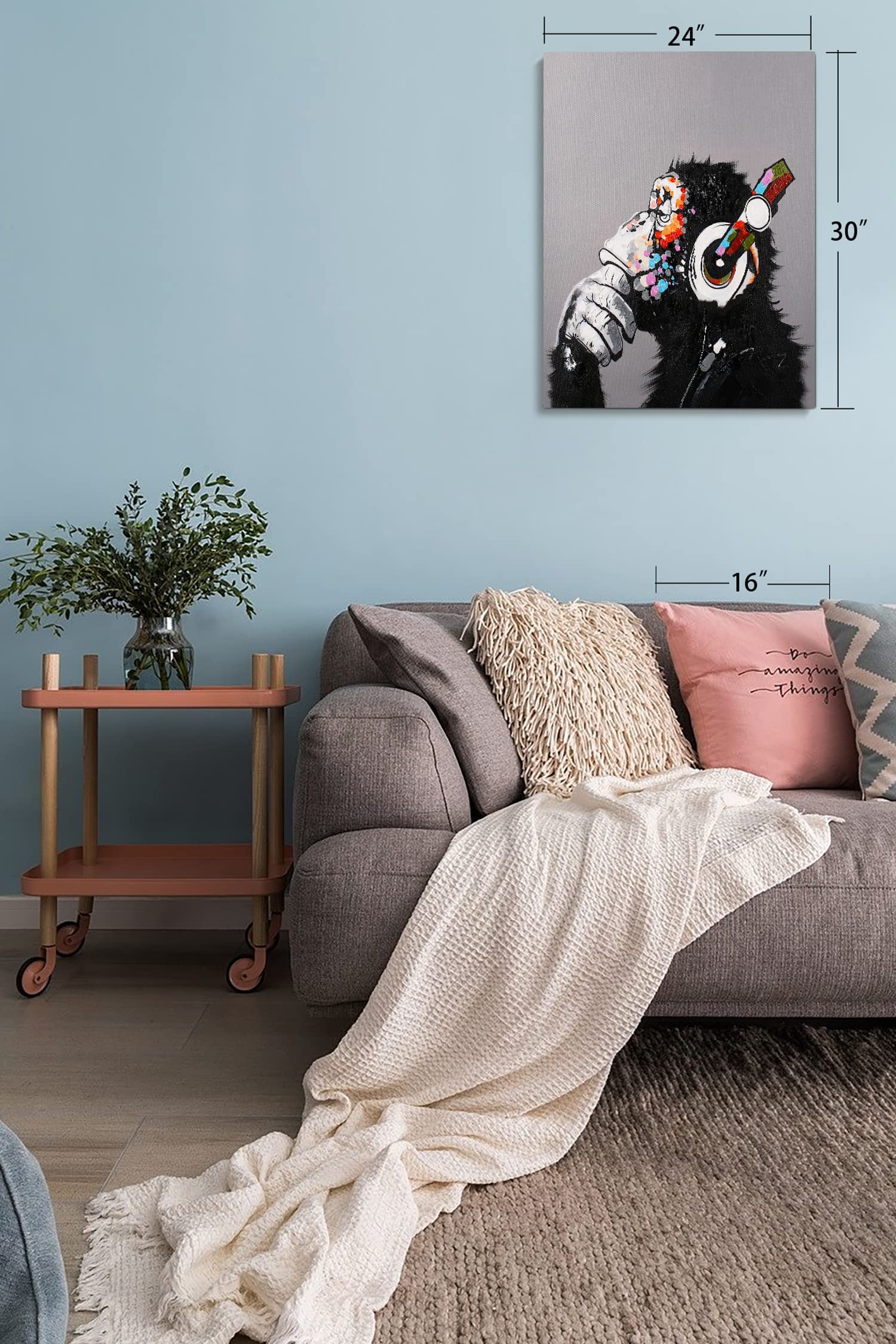 Modern Pop Art Decor - Framed - Thinking Monkey With Headphones Canvas Print Home Decor Wall Art, Gallery Wrap Inner Frame, 24x24