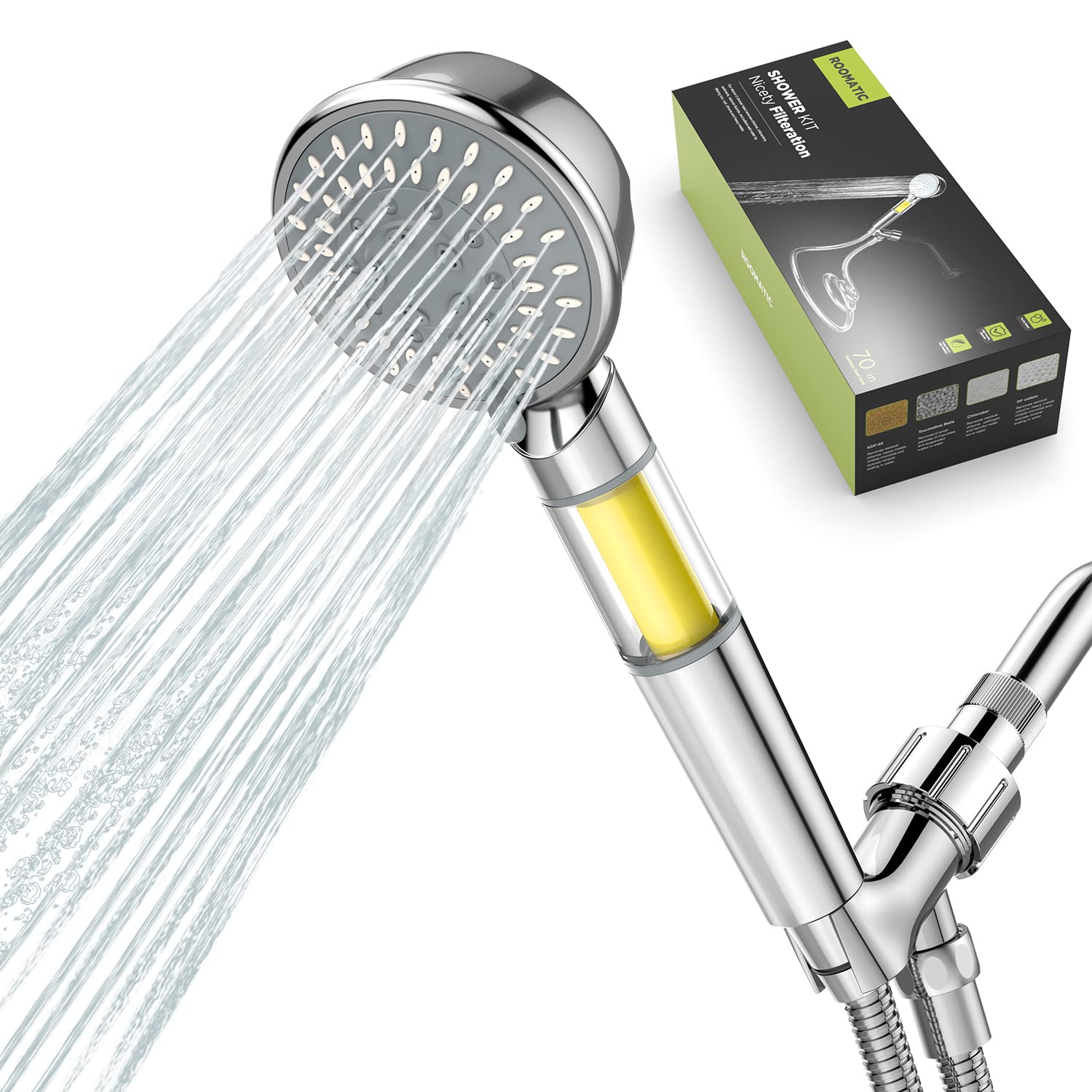 ROOMATIC Filtered Shower Head with Vitamin C, Shower Filter Remove Chlorine & Heavy Metals - Help Dry Skin & Hair Loss, High Pressure 5 Spray Mode Showerhead with 70" Hose & 2 Replacement Filters