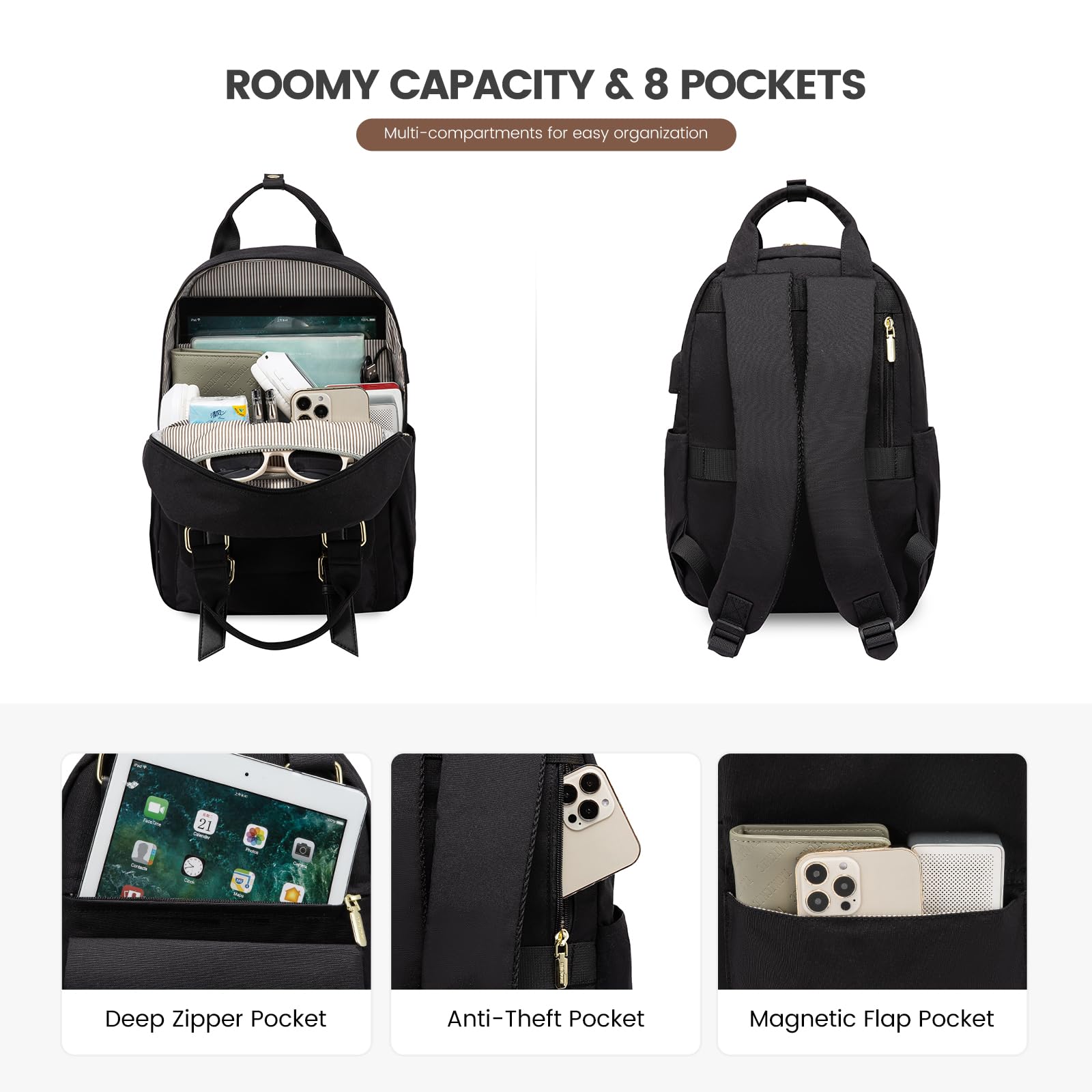 LOVEVOOK Backpack Purse for Women,Cute Waterproof Small Backpack with USB Port,Fashion Mini Backpack Casual Daypack for Travel College Work Daily,Black-Brown