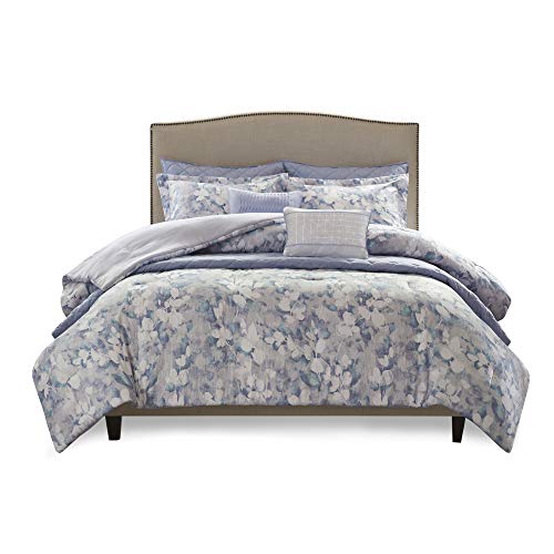 Madison Park Erica Comforter Quilt Combo Set - Modern Luxury Design, All Season Down Alternative Bedding, Matching Shams, Decorative Pillows, Full/Queen(90"x90"), Floral Blue 8 Piece
