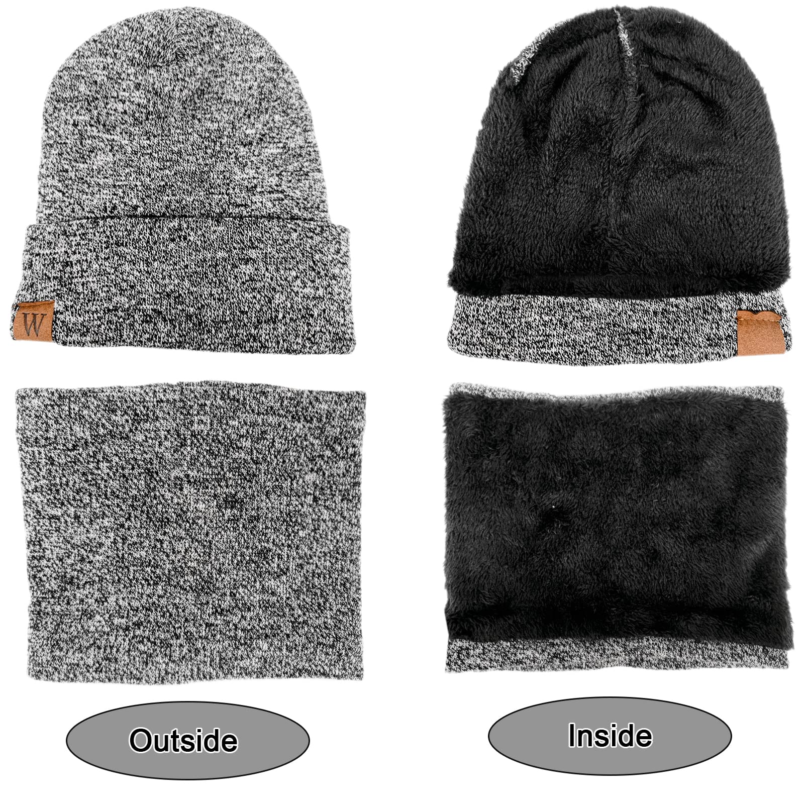 Mens Winter Hat Scarf Gloves 3 in 1, Fleece Lined Thick Warm Beanie Hats Set, Knit Slouchy Skull Caps (Black)