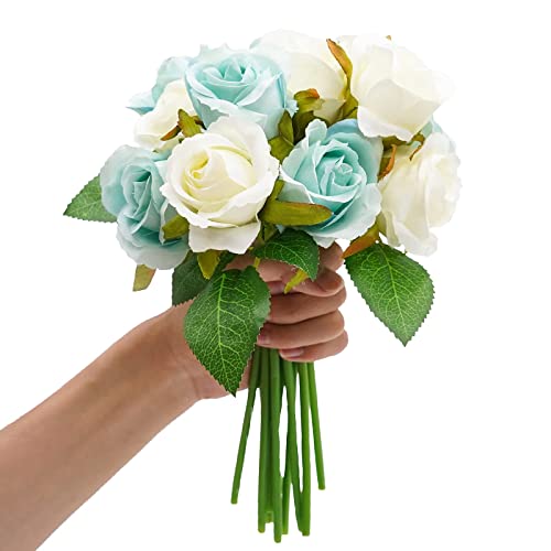 LIUCOGXI 12 Heads Artificial Silk Rose Flowers Bouquet White&Blue for Wedding Party Home Decor