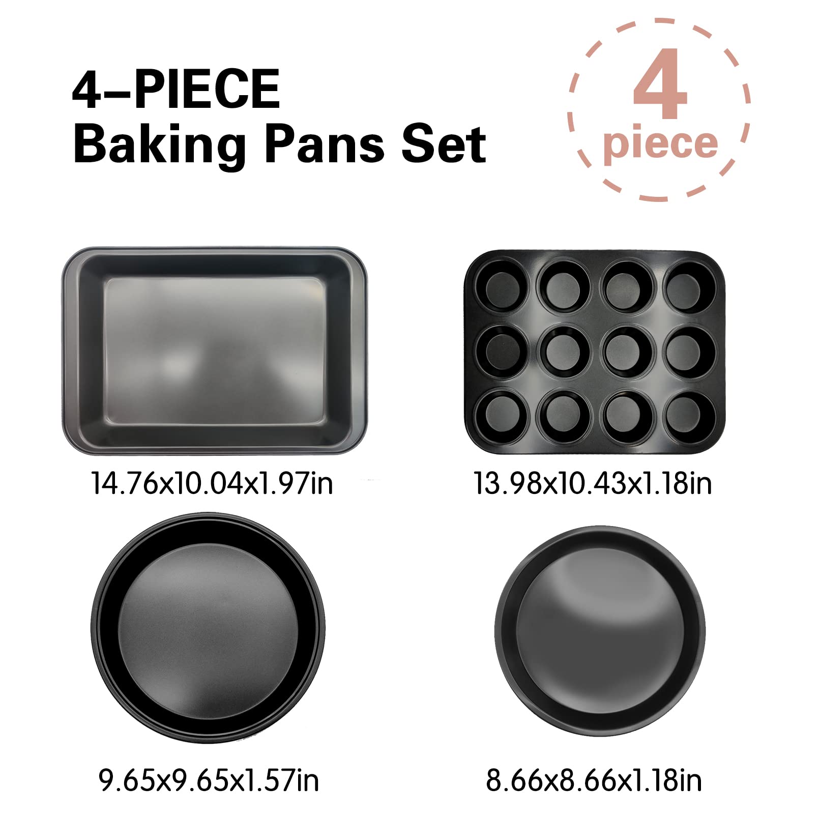 PINVNBY Baking Pans Set,Nonstick Bakeware Set with Baking Sheet, Muffin Pan, Round Cake Pan, Pizza Pan, Kitchen Oven Pan Baking Sheet Set, Complete Carbon Steel Bakeware Set (4 Pieces)