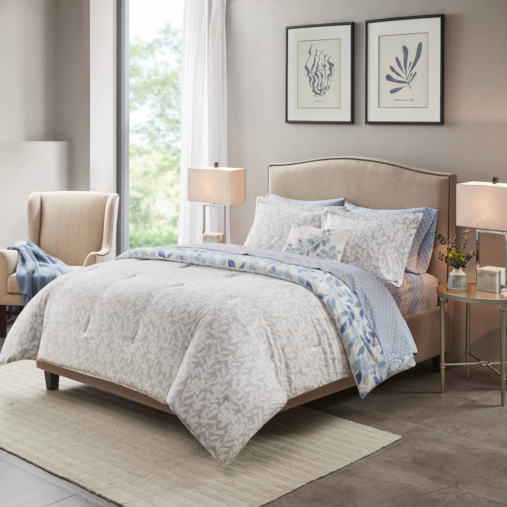Madison Park Essentials Cozy Bed in a Bag Reversible Comforter with Complete Sheet Set - Modern Botanical Print All Season Cover, Shams, Decorative Pillow, King(104"x92"), Blue 8 Piece