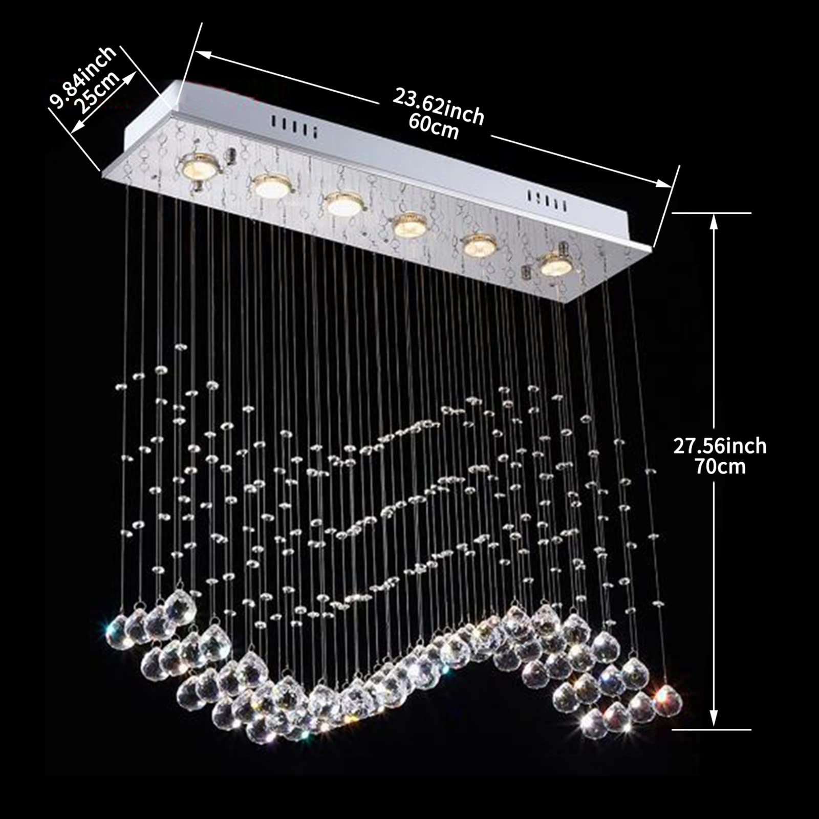 Modern Wave Chandelier, Rectangular Crystal Raindrop Chandelier Flush Mount Pendant Lighting Chrome Ceiling Light Fixture for Dining, Living Room, Kitchen Island, Bedroom of CRYSTOP