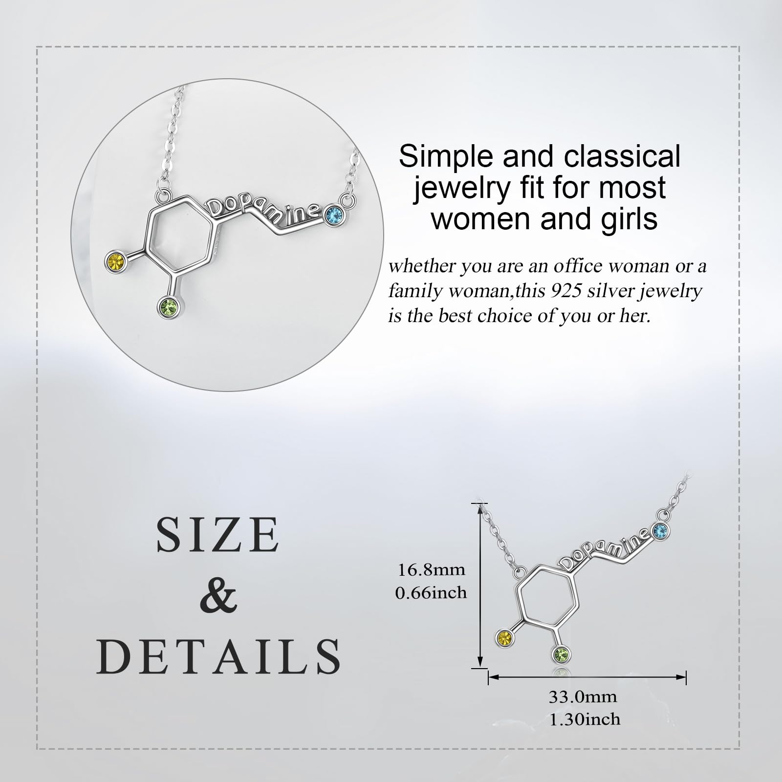 LUHE Serotonin Molecule Necklace, Caffeine Molecule Necklace Sterling Silver Science Jewelry for Women Ideal Necklaces for Teacher Professor Chemistry Grad and Science Lovers