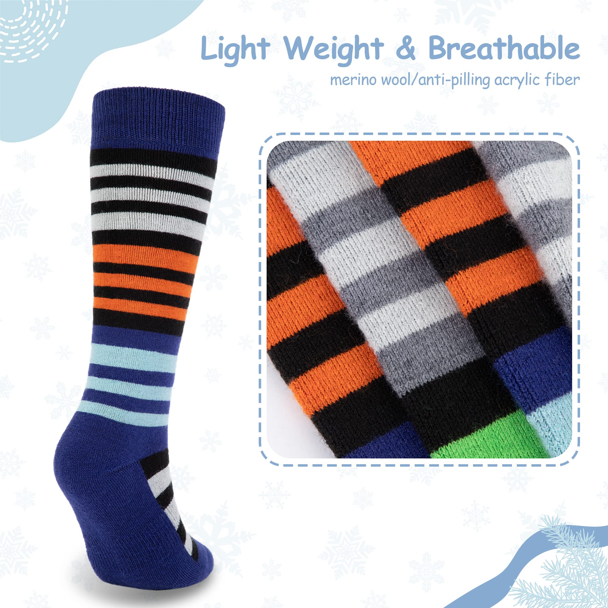 LULLABY KIDS Snow Ski Socks Full Terry Warm Skiing Socks Boys Thermal Socks Merino Wool Socks For Toddlers Kids Warm Socks, 2 Pairs Strip, 3-5 Years