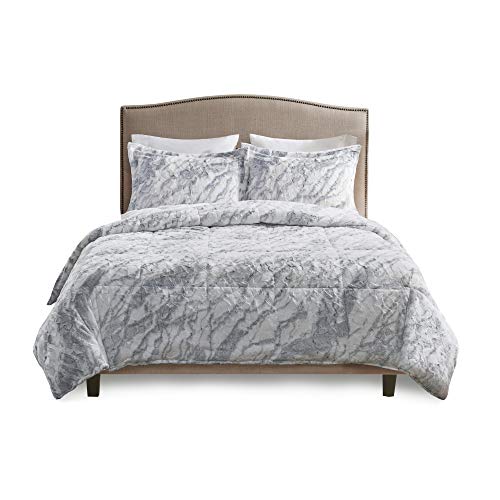 Madison Park Lana Soft Plush Comforter Set, Long Faux Faux Fur Marble Pattern, Faux Mink On The Reverse, Modern All Season Down Alternative Bedding Set with Matching Sham, King, Grey/Blue 3 Piece