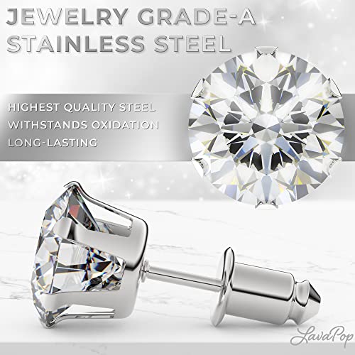 Set of 6 Cubic Zirconia Stud Earrings, Hypoallergenic Stainless Steel CZ Earrings (8-3 mm, Silver)