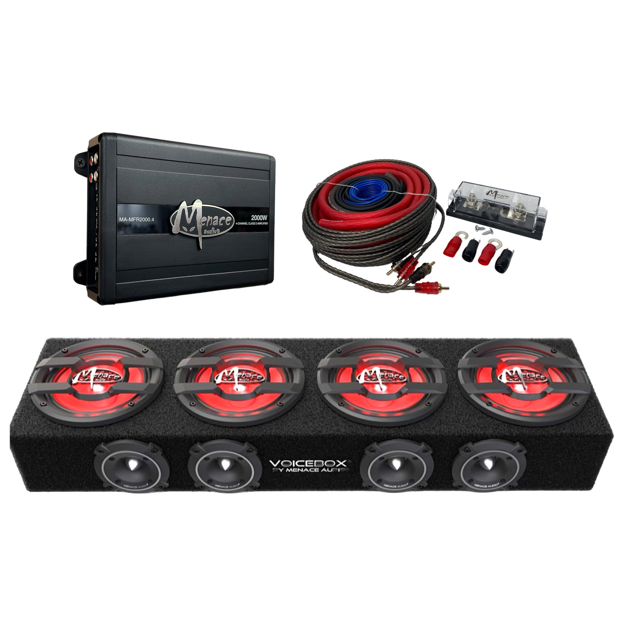 MENACE AUDIO® VOICEBOX® Car Audio Midrange Enclosure 4 x 6.5 with LED LIGHTS & 2000W 4CHANNEL AMPLIFIER PACKAGE - Silver