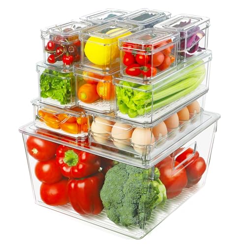 Ozera 12Pcs Refrigerator Organizer Bins, Fridge Organizer with Egg Holder, Stackable Fruit Storage Containers for Fridge, BPA-free Clear Fridge Organizers and Storage with Lids for Vegetables