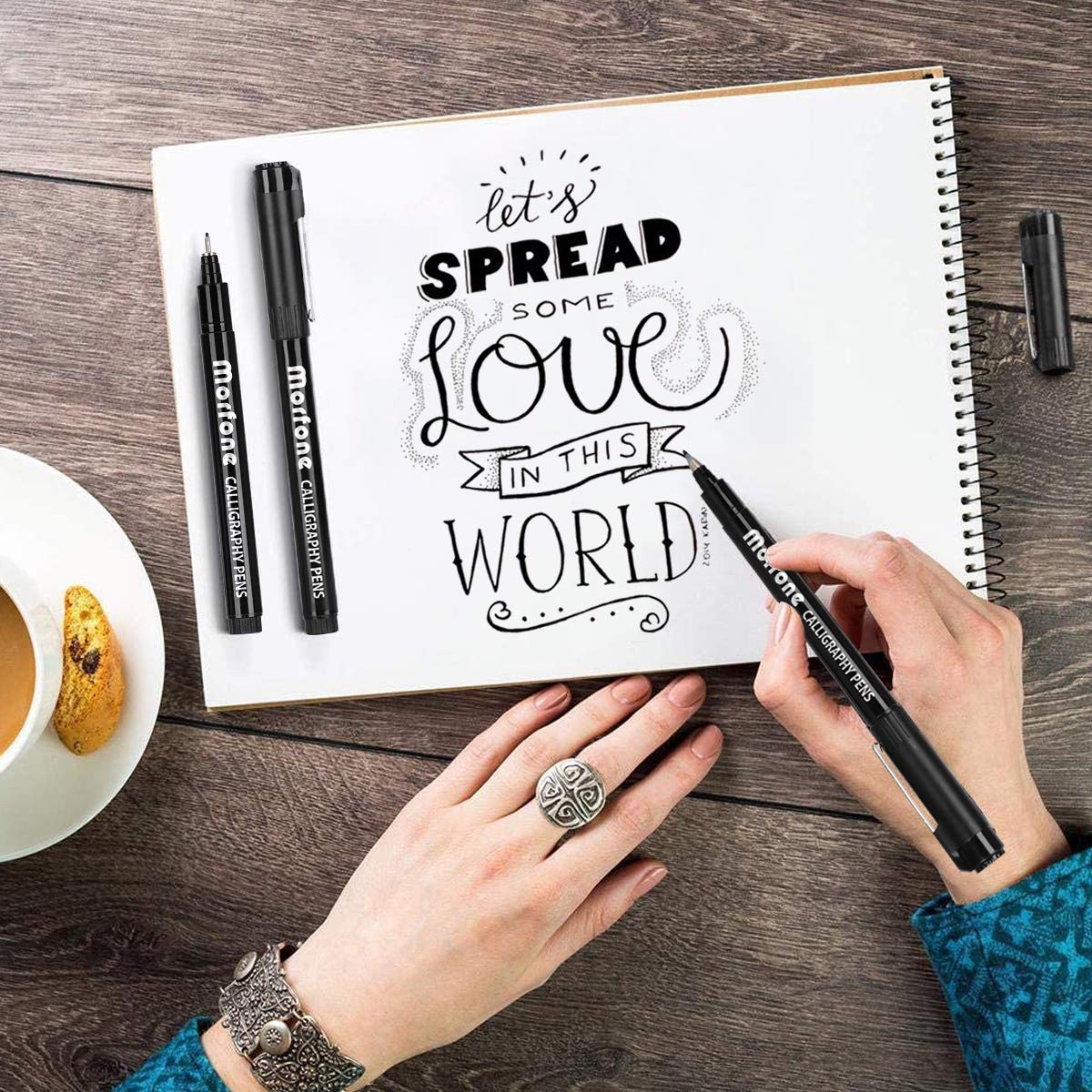 Morfone 10 Size Hand Lettering Pens Calligraphy Brush Pens Black Ink Markers Set Art Kit for Beginners, Hand Writing, Drawing, Sketching, Journaling, Illustrations