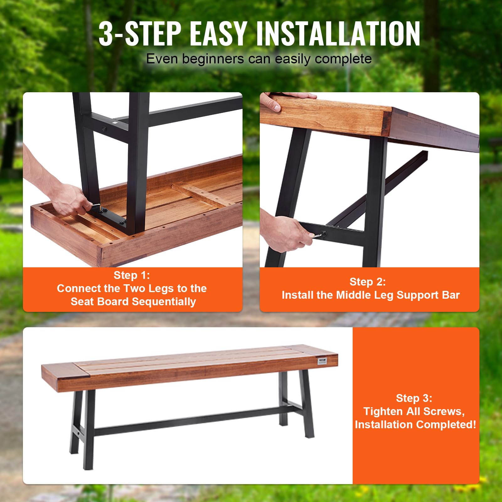 VEVOR Wood Outdoor Bench, 3-Person Garden Bench, 500 lbs Load Capacity,Weatherproof Never Rot Patio Bench for Garden, Park, Yard, Front Porch-63