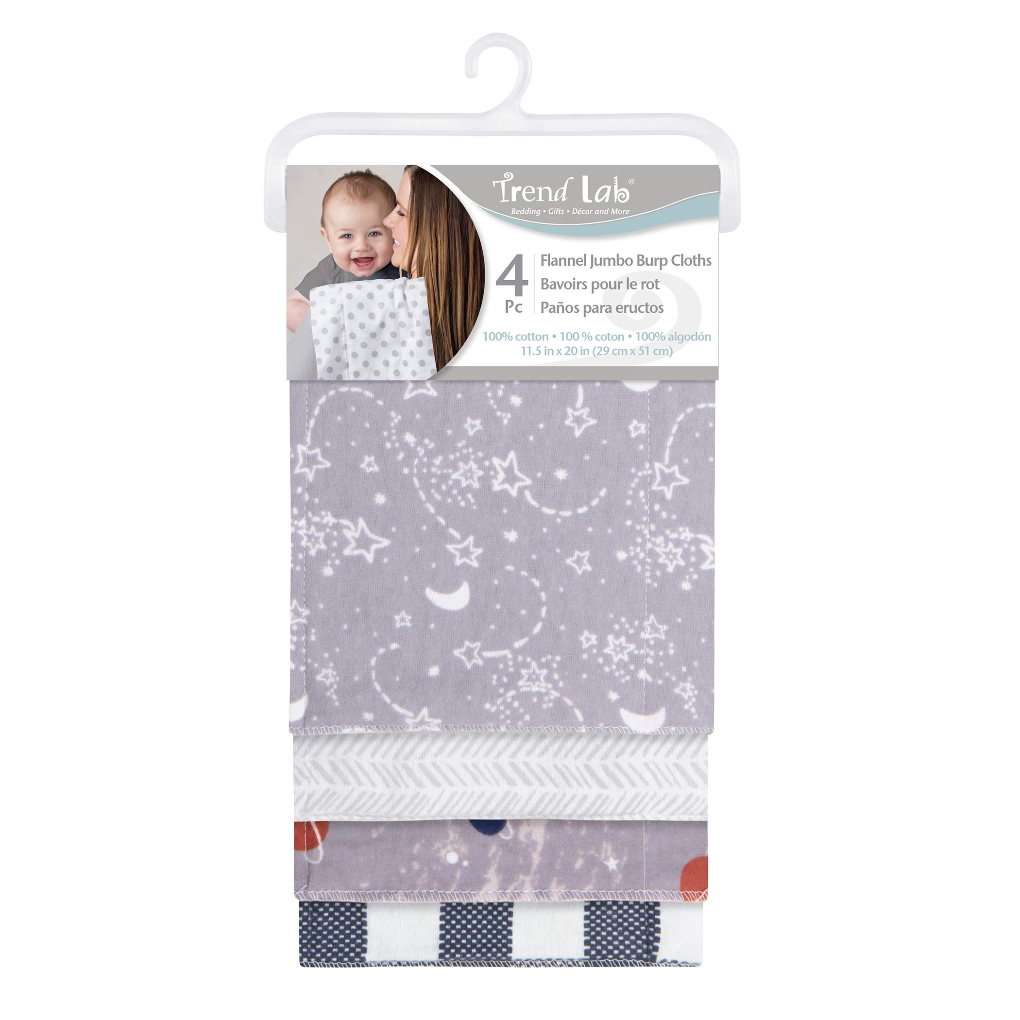 Outer Space 4-Pack Flannel Burp Cloth Set-Buffalo Check, Rocket ships and planets, Moon and Star, Herringbone Prints, Gray, Blue, Orange, White, 100% Cotton Flannel, 11.5 in x 20 in Each