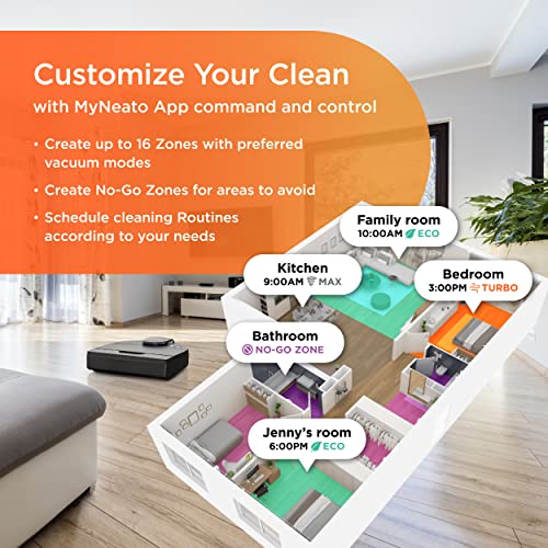 Neato D10 Intelligent Robot Vacuum CleanerâLaserSmart Nav, Smart Mapping, Cleaning Zones, WiFi Connected, 300-min runtime, Powerful Suction, Max Clean, Edges, Corners & Pet Hair, XXL Dustbin, Alexa