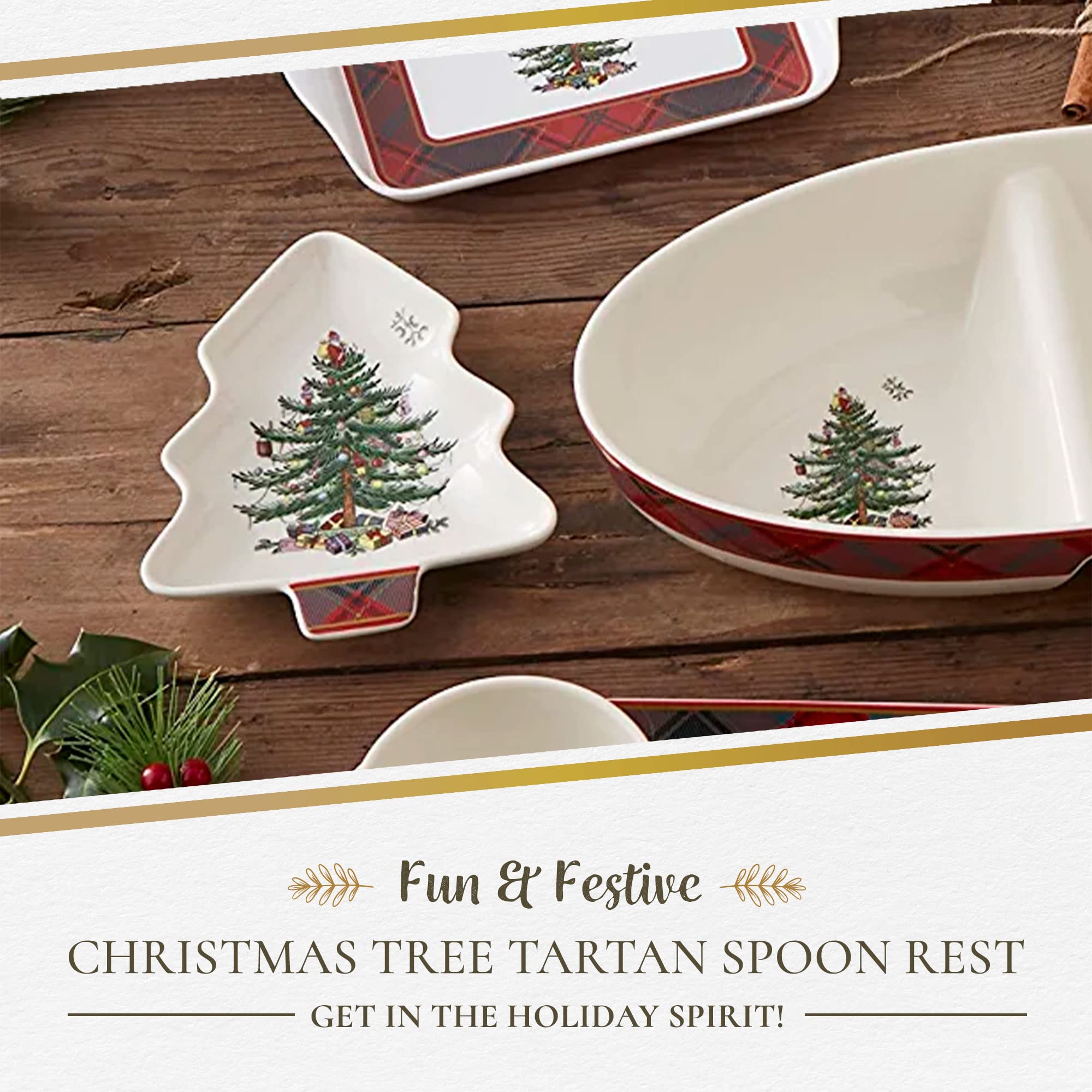 Spode Christmas Tree Tartan Spoon Rest | 7 β Inch Tree Shaped Cooking Utensil Rest | Spatula Ladle Holder for Kitchen Countertop | Made of Fine Porcelain Dishwasher Safe