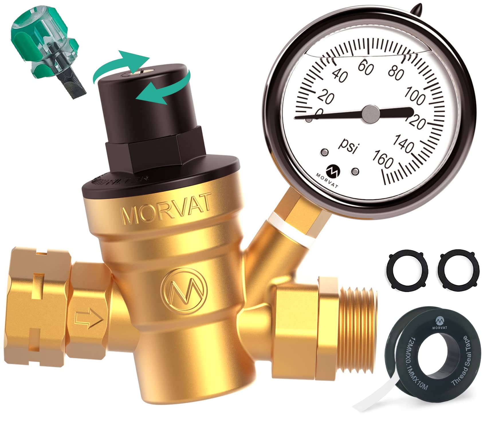Morvat Premium Lead-Free Brass RV Water Pressure Regulator Adjustable Valve with Oil Filled Gauge for Camper, Includes Screwdriver, Roll Of Teflon Tape & 2 Extra Rubber Washers