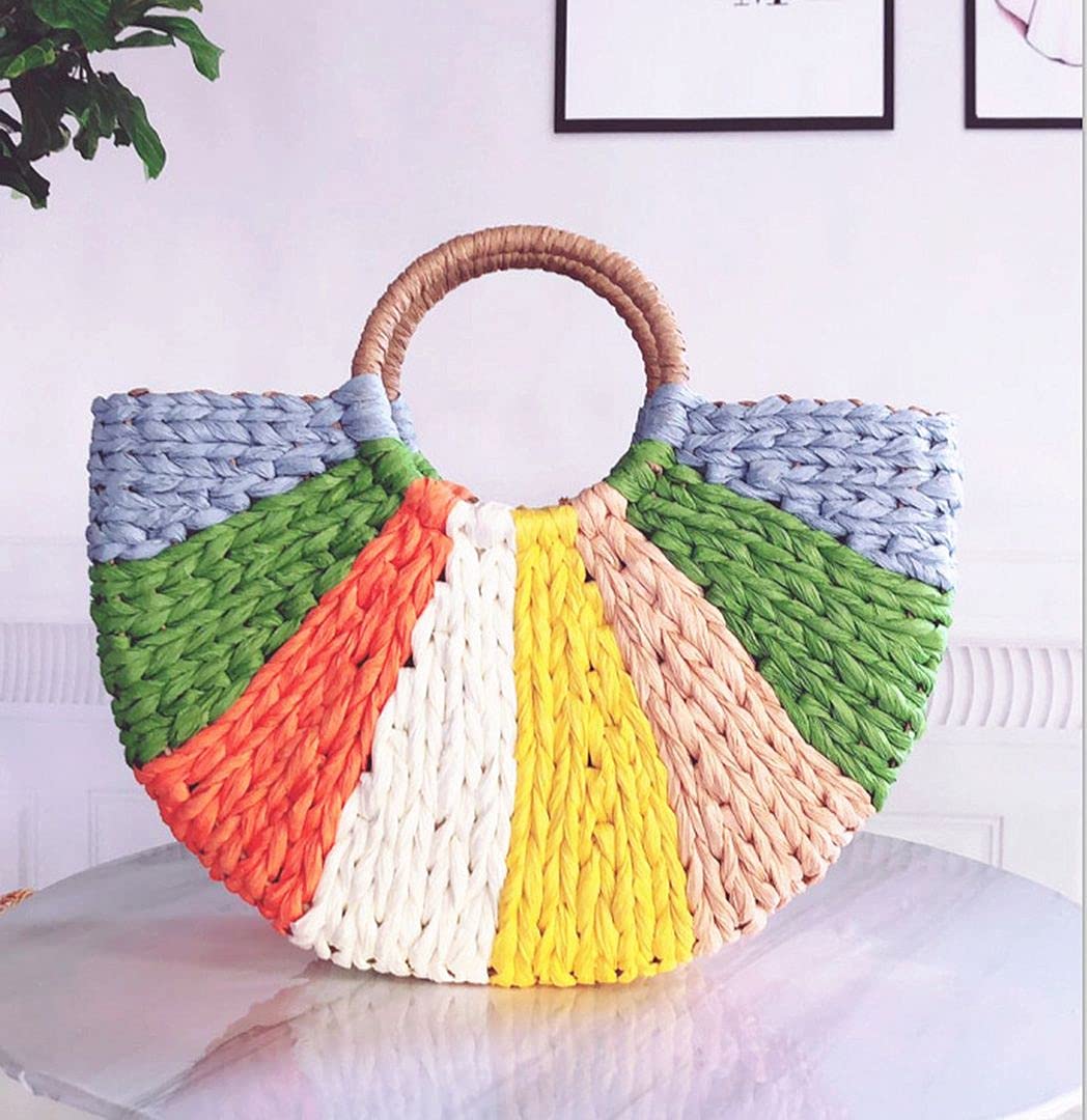 QZUnique Straw Handbags Rainbow Stitching Top Handle Tote Women's Summer Beach Natural Casual Satchel Shoulder Bag