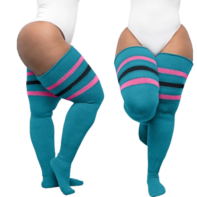 Thunda Thighs Plus Size Thigh High Socks, Over the Knee High Boot Stockings Leg Warmers, Extra Long & Thick Socks Aqua Neon