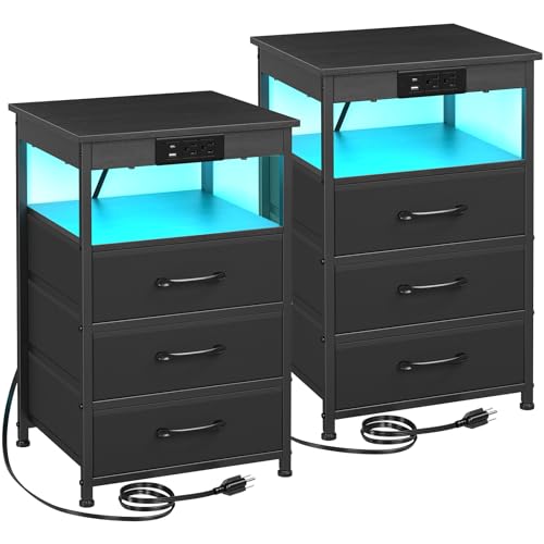 LOAKEKEL Night Stand Set 2, LED Nightstand with Charging Station, End Tables with USB C Port and Outlets, Bedside Table with 3 Storage Fabric Drawers for Bedroom, Small Space, Black, HNS023BK