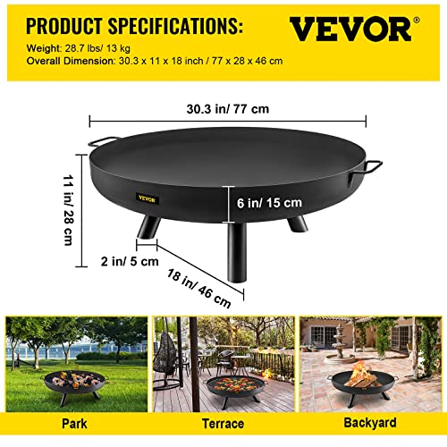 VEVOR Fire Pit Bowl, 30-Inch Deep Round Carbon Steel Fire Bowl, Wood Burning for Outdoor Patios, Backyards & Camping Uses, with A Drain Hole, Portable Handles and A Firewood Stick, Black