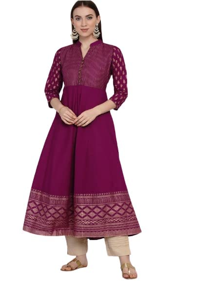 Trend Matters Indian Women Mauve Cotton Anarkali with Ajrakh Hand Block Print