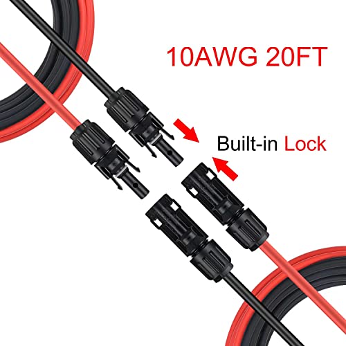 Solar Extension Cable SGANGCAR One Pair(20 Feet 10AWG) Solar Panel Cable with Female and Male Connectors(20FT Red + 20FT Black)