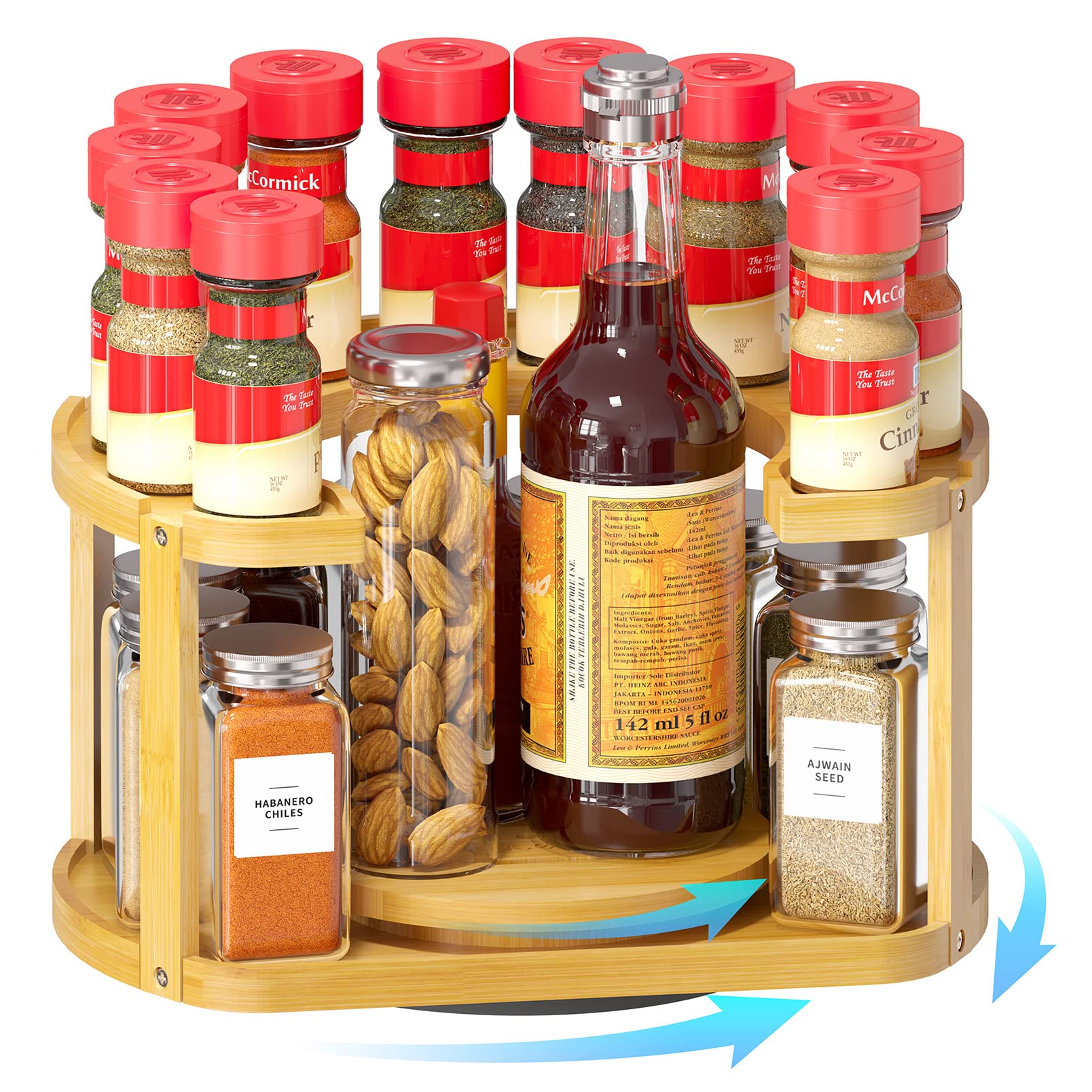 SpaceAid 2 Tier Bamboo Spice Rack Organizer, Lazy Susan Turntable for Cabinet, Home Kitchen Spices Spinning Rotating Shelf Racks for Pantry Seasoning Bottle Holder Storage (Two Tier, Natural)