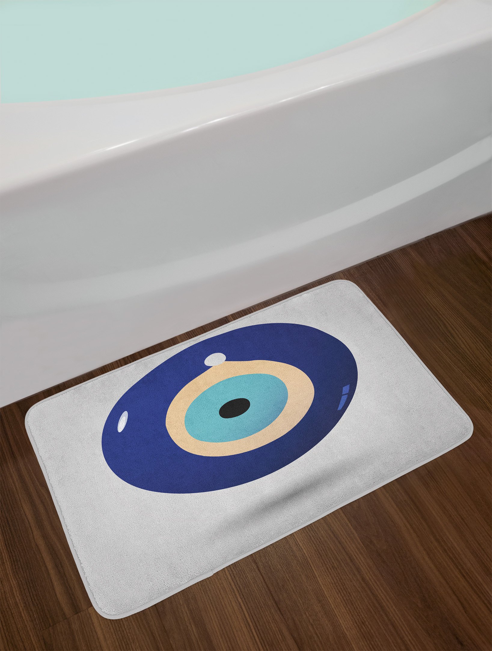 Lunarable Evil Eye Bath Mat, Evil Eye Protection Bead Design from Middle East Ottoman Culture Inspirations, Plush Bathroom Decor Mat with Non Slip Backing, 30.2" x 20", Cream Blue