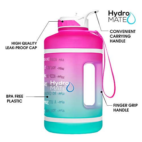 NatureWorks HydroMATE Half Gallon Water Bottle with Time Markers BPA Free Reusable Leak Proof Jug with Straw and Handle 64 oz (Pink Turquoise)