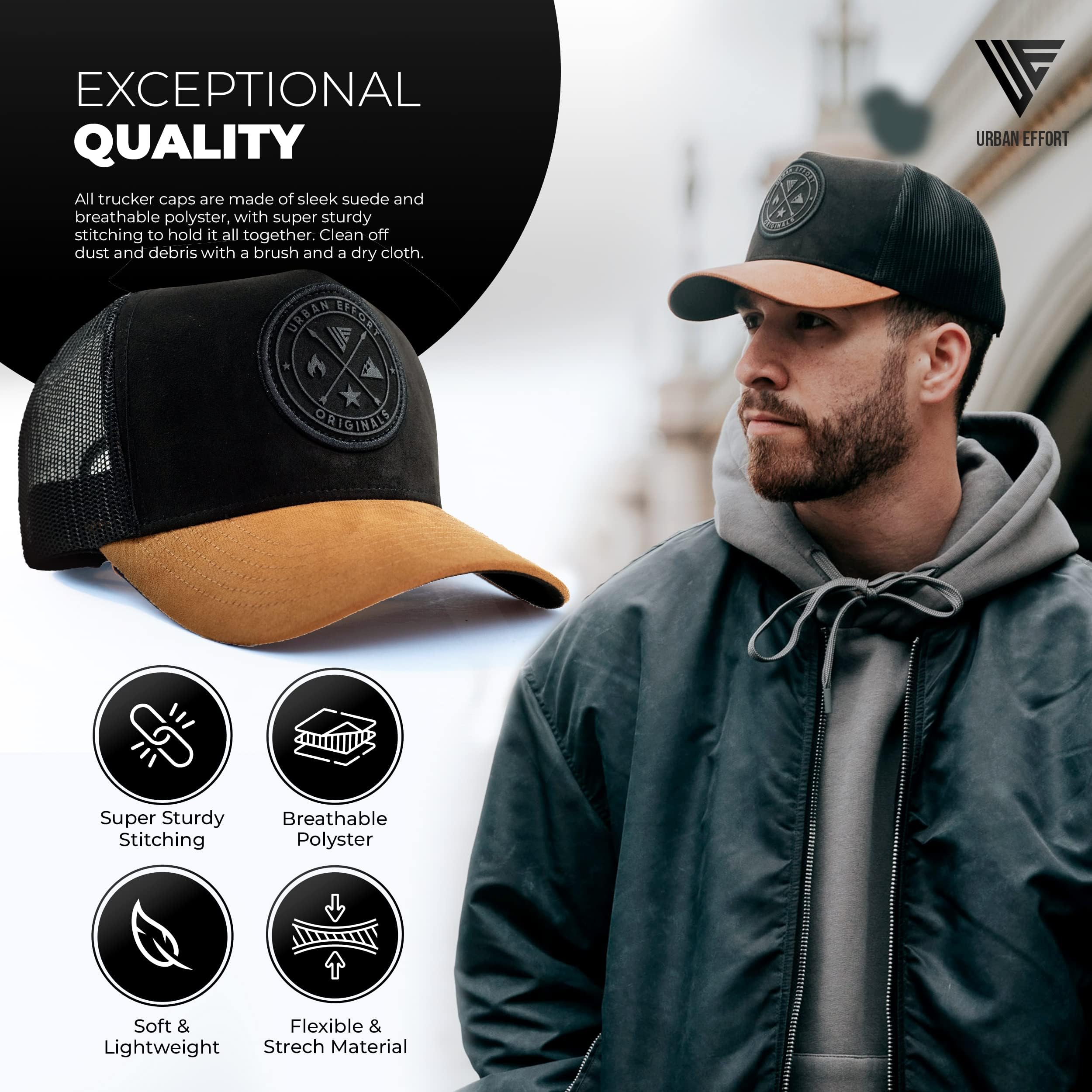 Urban Effort Mesh Back Cap - for Men and Women Baseball Hat 5-Panel Trucker Hat - Great Snapback Closure for Hunting & Hiking (Black/Brown)