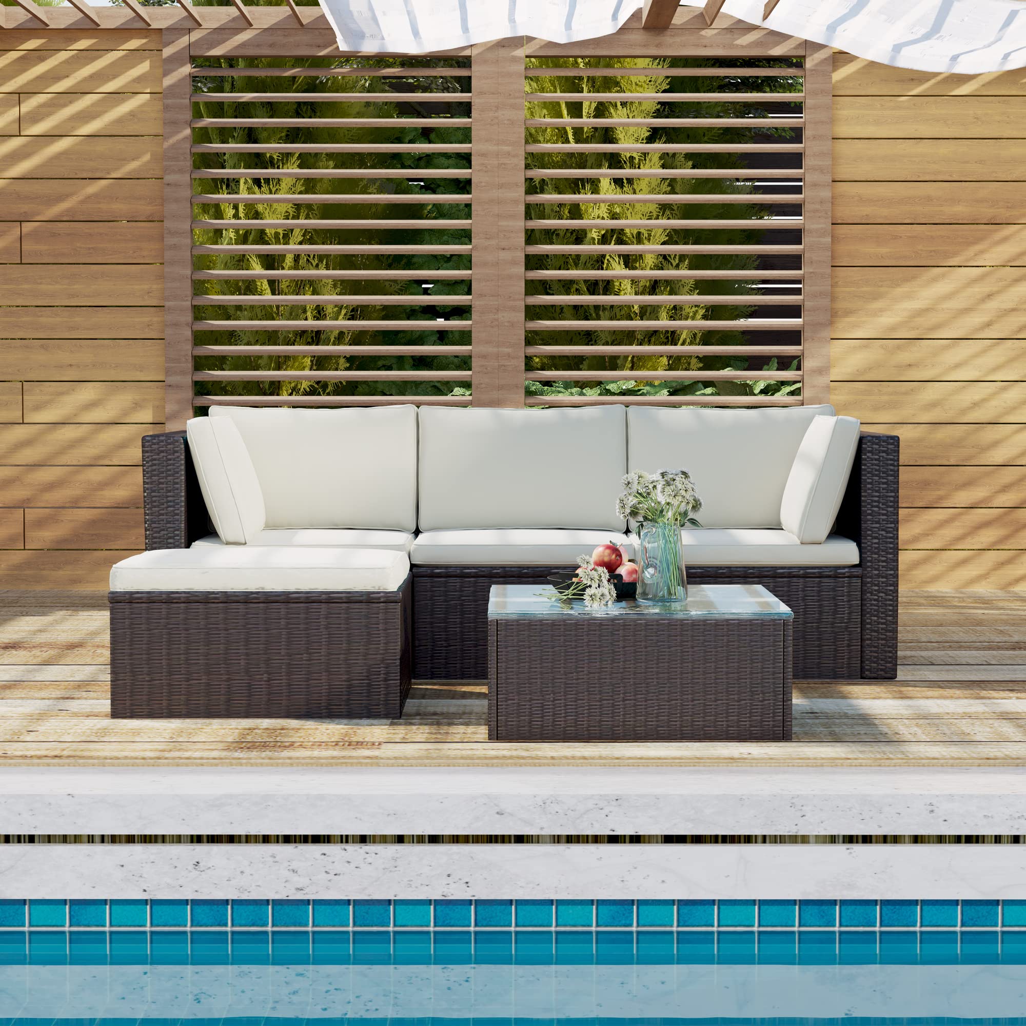 Melidee Outdoor Sectional Sofa - 5 Pieces Patio Furniture Sets, Manual Weaving Wicker Rattan Conversation Sets with Cushion and Glass Table