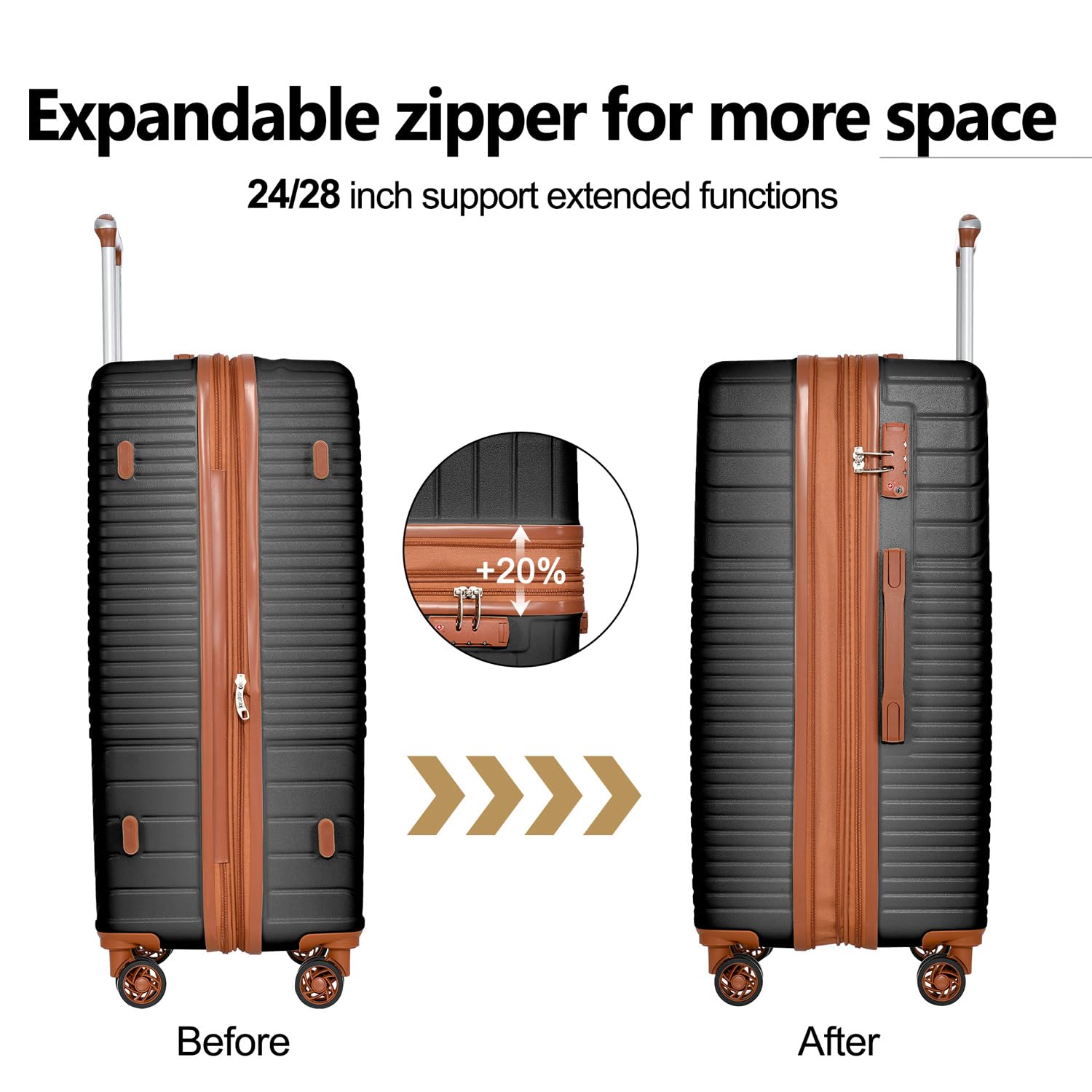 Merax Luggage Sets 3 Piece Suitcases Set ABS Expandable 8 Wheels Spinner Suitcase, TSA Lock Travel Luggage For Man And Women (Black Brown)