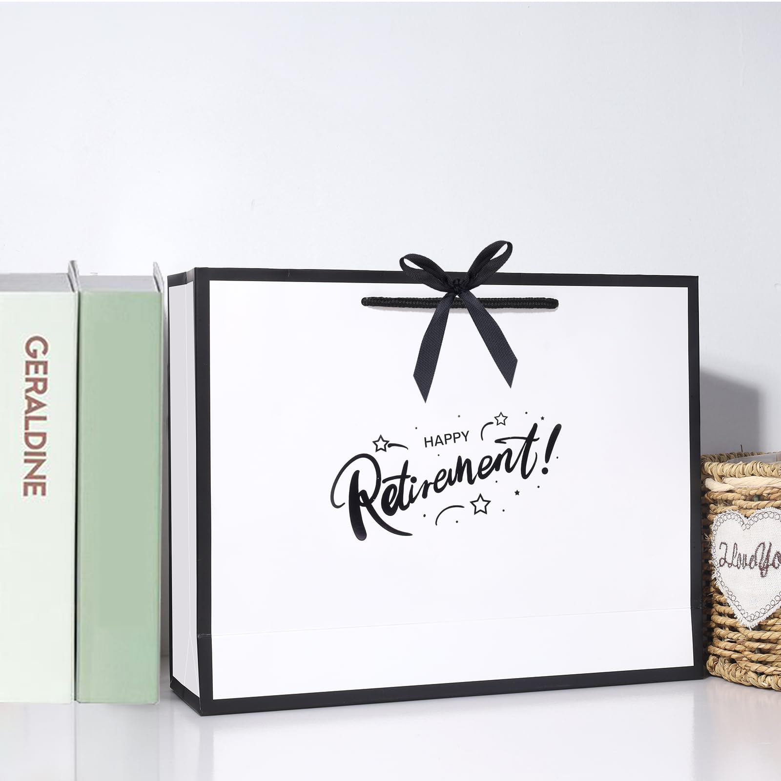 VFUNZA Retirement gifts for women/men, Bag for happy/funny/best retired, 13" Luxurious Black Edge White gift Bags