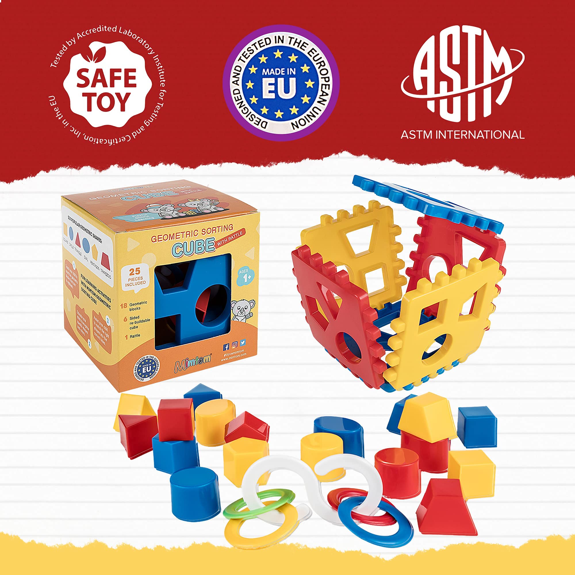 Mimtom Shape Sorter Toy | Re-buildable Baby Play Cube with 18 Sorting Blocks and Teething Rattle | Learning Toy Made in The EU - Purple, Blue & Green